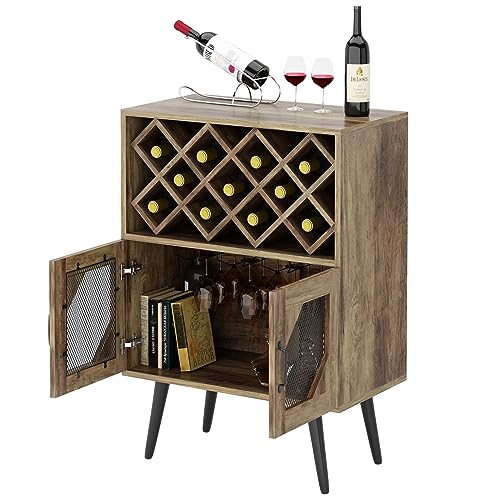 soges Wine Cabinet, 2 Doors Storage Cabinet Bar Cabinet with Cup Holders, Wine Storage Rack with 11 Bottle, Sideboard Buffet Cabinet for Dining Room, Kitchen