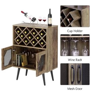 soges Wine Cabinet, 2 Doors Storage Cabinet Bar Cabinet with Cup Holders, Wine Storage Rack with 11 Bottle, Sideboard Buffet Cabinet for Dining Room, Kitchen