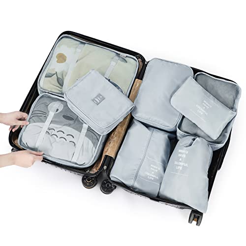 Packing Cubes for Suitcase, Sightor 8 Set Travel Luggage Organizers Packing Bags with Shoe Storage Bag Toiletry Bag for Clothes Cosmetics Travel Accessories (Grey)