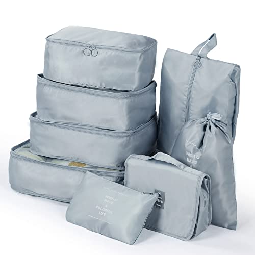 Packing Cubes for Suitcase, Sightor 8 Set Travel Luggage Organizers Packing Bags with Shoe Storage Bag Toiletry Bag for Clothes Cosmetics Travel Accessories (Grey)