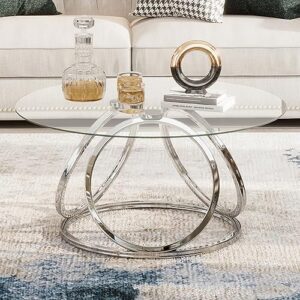 o&k furniture round coffee table, modern silver coffee table living room table with ring-shaped frames, glass coffee table for home&office, chrome finish, 1 pc