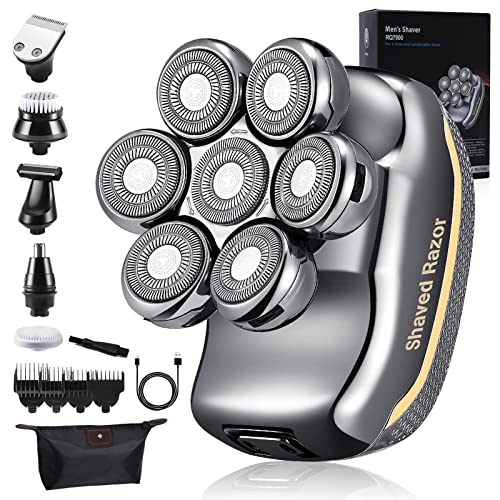 Men's Electric Head Shaver Razor - Rechargeable Cordless Head Shaving Razors for Bald Man 6 in 1 Waterproof Wet Dry Hair Cutting Shavers Beard Trimmer Grooming Kit 7 Rotary Heads