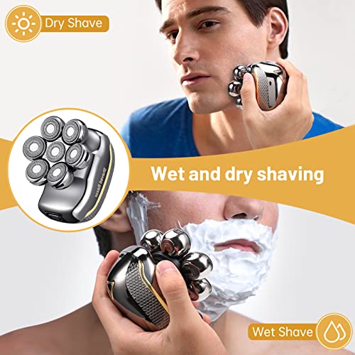 Men's Electric Head Shaver Razor - Rechargeable Cordless Head Shaving Razors for Bald Man 6 in 1 Waterproof Wet Dry Hair Cutting Shavers Beard Trimmer Grooming Kit 7 Rotary Heads