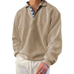 yawyews men's long sleeve polo shirts-casual thermal loose fit pullover sweatshirts khaki