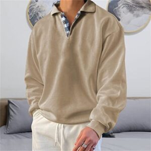 YawYews Men's Long Sleeve Polo Shirts-Casual Thermal Loose Fit Pullover Sweatshirts Khaki