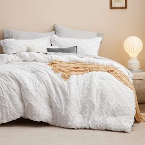 bedsure boho comforter set king - white tufted shabby chic bedding comforter set for all seasons, 3 pieces western comforter set, farmhouse modern bed set for women men girls