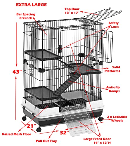 Extra Large Multi-Level Indoor Small Animal Pet Cage for Guinea Pig Ferret Chinchilla Cat Playpen Rabbit Hutch with Solid Platform & Ramp, Leakproof Litter Tray, 2 Large Access Doors Lockable Casters