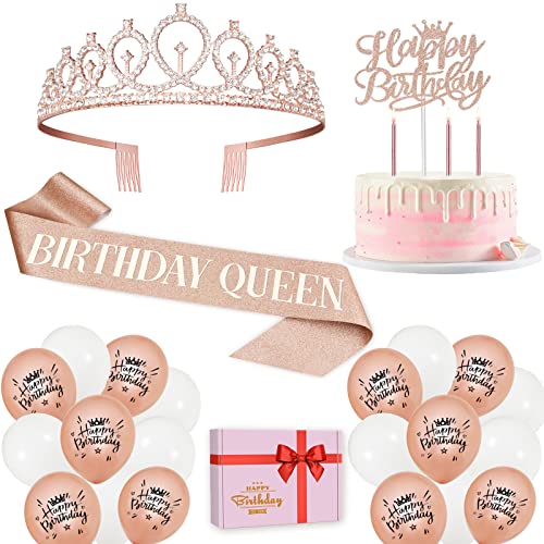 36PCS Birthday Decorations for Women Including Birthday Queen Sash, Crown, Birthday Cake Topper, Birthday candles and Balloons, Rose Gold Birthday Party Decorations Favors.