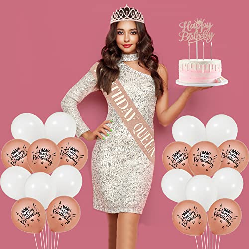 36PCS Birthday Decorations for Women Including Birthday Queen Sash, Crown, Birthday Cake Topper, Birthday candles and Balloons, Rose Gold Birthday Party Decorations Favors.