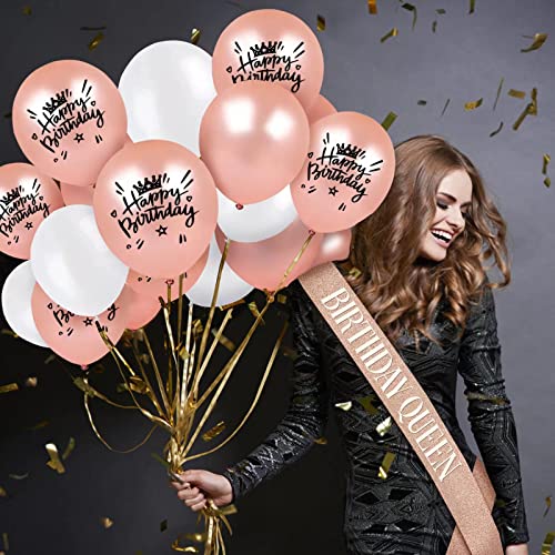 36PCS Birthday Decorations for Women Including Birthday Queen Sash, Crown, Birthday Cake Topper, Birthday candles and Balloons, Rose Gold Birthday Party Decorations Favors.