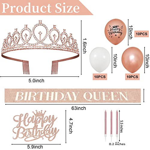 36PCS Birthday Decorations for Women Including Birthday Queen Sash, Crown, Birthday Cake Topper, Birthday candles and Balloons, Rose Gold Birthday Party Decorations Favors.