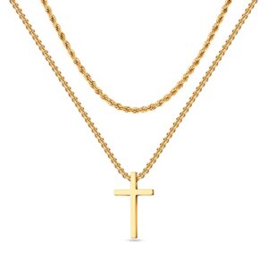 glishiver gold cross necklace for men boys, mens cross necklaces gold stainless steel cross chain layered rope chain cross necklace for men boys 16 inch cross necklace cross chain for men