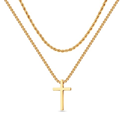 GLISHIVER Gold Cross Necklace for Men Boys, Mens Cross Necklaces Gold Stainless Steel Cross Chain Layered Rope Chain Cross Necklace for Men Boys 16 Inch Cross Necklace Cross Chain for Men