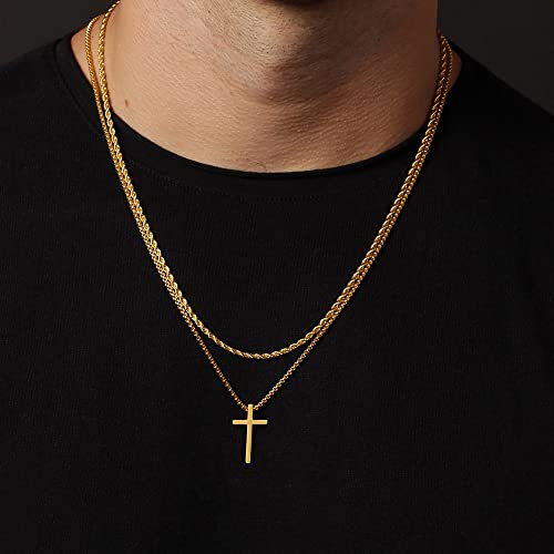 GLISHIVER Gold Cross Necklace for Men Boys, Mens Cross Necklaces Gold Stainless Steel Cross Chain Layered Rope Chain Cross Necklace for Men Boys 16 Inch Cross Necklace Cross Chain for Men