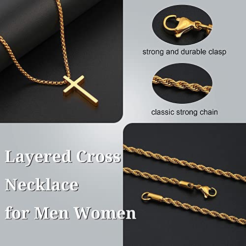 GLISHIVER Gold Cross Necklace for Men Boys, Mens Cross Necklaces Gold Stainless Steel Cross Chain Layered Rope Chain Cross Necklace for Men Boys 16 Inch Cross Necklace Cross Chain for Men