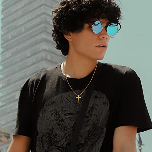 GLISHIVER Gold Cross Necklace for Men Boys, Mens Cross Necklaces Gold Stainless Steel Cross Chain Layered Rope Chain Cross Necklace for Men Boys 16 Inch Cross Necklace Cross Chain for Men