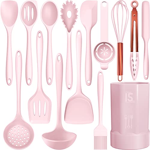 Silicone Cooking Utensils Set - 446°F Heat Resistant Kitchen Utensils,Turner Tongs,Spatula,Spoon,Brush,Whisk,Kitchen Utensil Gadgets Tools Set for Nonstick Cookware,Dishwasher Safe Pink (BPA Free)