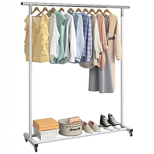 Buzowruil Clothing Rack Clothes Rack Standard Rod Simple Rolling Metal Garment Rack Organizer Freestanding Hanger with Wheels,White with Silver