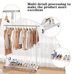 Buzowruil Clothing Rack Clothes Rack Standard Rod Simple Rolling Metal Garment Rack Organizer Freestanding Hanger with Wheels,White with Silver