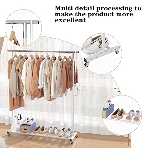 Buzowruil Clothing Rack Clothes Rack Standard Rod Simple Rolling Metal Garment Rack Organizer Freestanding Hanger with Wheels,White with Silver