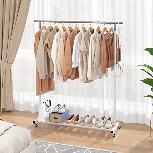 Buzowruil Clothing Rack Clothes Rack Standard Rod Simple Rolling Metal Garment Rack Organizer Freestanding Hanger with Wheels,White with Silver