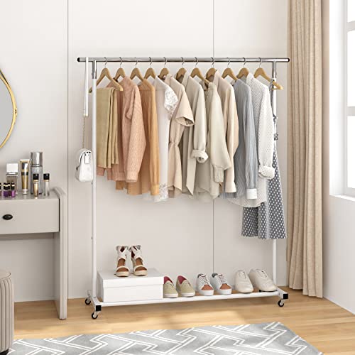 Buzowruil Clothing Rack Clothes Rack Standard Rod Simple Rolling Metal Garment Rack Organizer Freestanding Hanger with Wheels,White with Silver