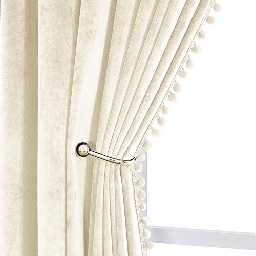 VANASEE Pompom Velvet Curtains for Bedroom Rod Pocket 52x84 inch Soft Blackout Window Curtains Room Darkening Drape Light Blocking for Living Room 2 Panels,Ivory