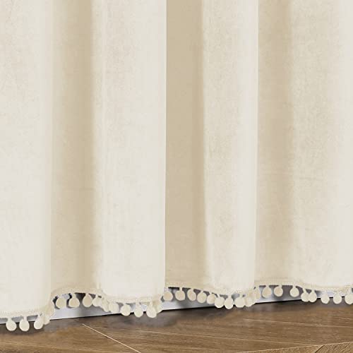 VANASEE Pompom Velvet Curtains for Bedroom Rod Pocket 52x84 inch Soft Blackout Window Curtains Room Darkening Drape Light Blocking for Living Room 2 Panels,Ivory