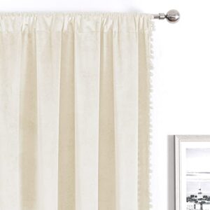 VANASEE Pompom Velvet Curtains for Bedroom Rod Pocket 52x84 inch Soft Blackout Window Curtains Room Darkening Drape Light Blocking for Living Room 2 Panels,Ivory