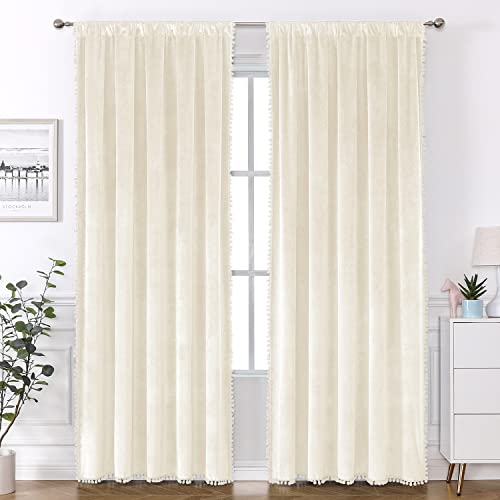 VANASEE Pompom Velvet Curtains for Bedroom Rod Pocket 52x84 inch Soft Blackout Window Curtains Room Darkening Drape Light Blocking for Living Room 2 Panels,Ivory