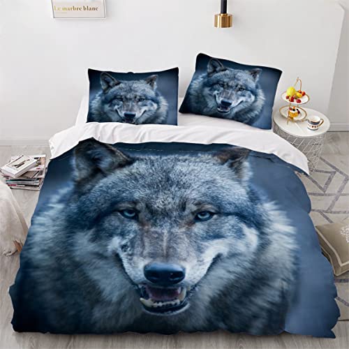 YOSHOME Quilt Cover Queen Size Wolf 3D Bedding Sets Animal Duvet Cover Breathable Hypoallergenic Stain Wrinkle Resistant Microfiber with Zipper Closure,beding Set with 2 Pillowcase