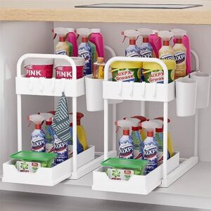 aixpi 2-tier sliding under cabinet storage with hooks, hanging cup, handles, multi-purpose under sink organizer for bathroom kitchen, white, 2pack