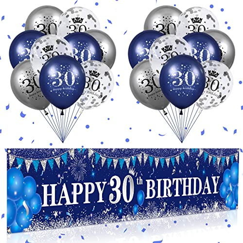 Blue 30th Birthday Decorations for Men Women, Navy Blue Silver Happy 30th Birthday Yard Banner, Blue 30th Birthday Balloons for 30th Birthday Anniversary Party Decorations Supplies