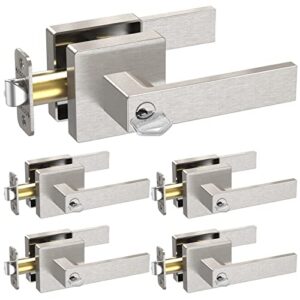 ticonn 5pk door handle heavy duty, reversible square door lever for bedroom, bathroom and rooms (satin nickel, keyed entry - not keyed alike, 5 pack)