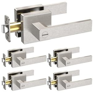 ticonn 5pk door handle heavy duty, reversible square door lever for bedroom, bathroom and rooms (satin nickel, privacy, 5 pack)