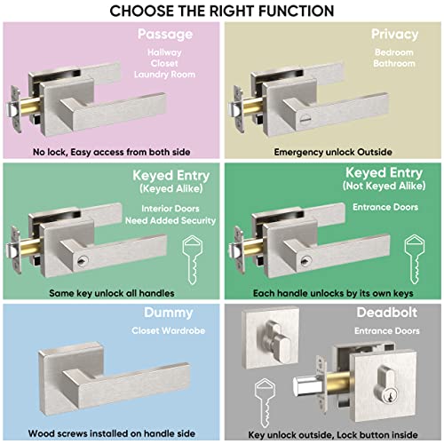 TICONN 5Pk Door Handle Heavy Duty, Reversible Square Door Lever for Bedroom, Bathroom and Rooms (Satin Nickel, Privacy, 5 Pack)