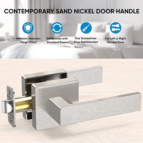 TICONN Door Handle Heavy Duty, Reversible Square Door Lever for Bedroom, Bathroom and Rooms (Satin Nickel, Passage)