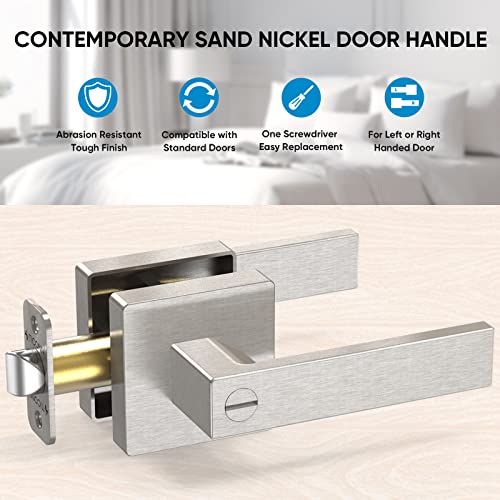 TICONN Door Handle Heavy Duty, Reversible Square Door Lever for Bedroom, Bathroom and Rooms (Satin Nickel, Privacy)