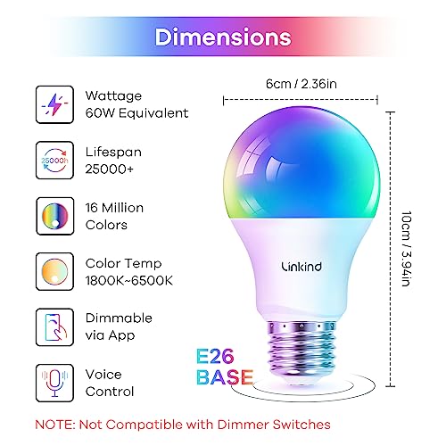 Linkind Smart Light Bulbs,Smart Bulb That Work with Alexa & Google Home,LED Light Bulbs Color Changing,A19 E26 2.4Ghz RGB WiFi Light Bulbs Dimmable 60W,800 Lumen,4 Pack