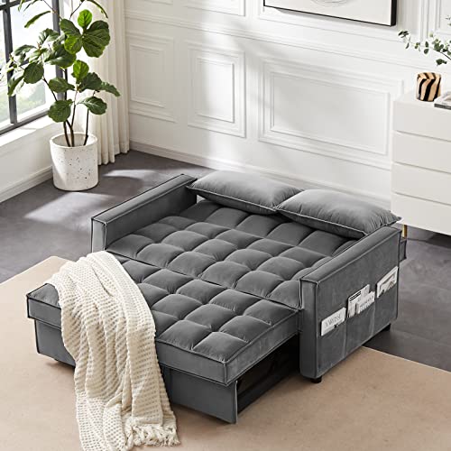 Aoowow 58 Inch Convertible Sleeper Sofa, Velvet Loveseat Sleeper Pull Out Sofa Bed Convertible Loveseat with Adjustable Backrest, 2 Pillows and Side Pockets for Living Room Small Spaces (Gray)