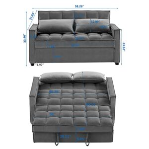 Aoowow 58 Inch Convertible Sleeper Sofa, Velvet Loveseat Sleeper Pull Out Sofa Bed Convertible Loveseat with Adjustable Backrest, 2 Pillows and Side Pockets for Living Room Small Spaces (Gray)