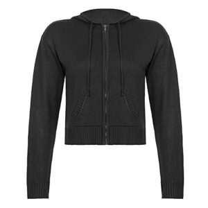 Women's Zip Up Hoodie Sweaters Y2K Long Sleeve Vintage Zipper Hooded Knit Crop Drawstring Sweatshirt Jacket (Black, M)