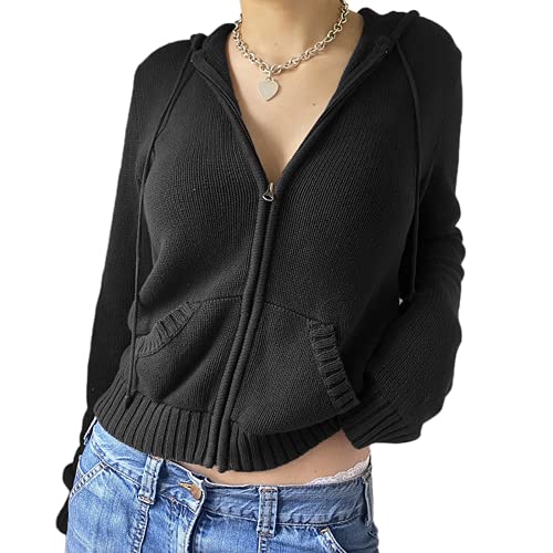 Women's Zip Up Hoodie Sweaters Y2K Long Sleeve Vintage Zipper Hooded Knit Crop Drawstring Sweatshirt Jacket (Black, M)