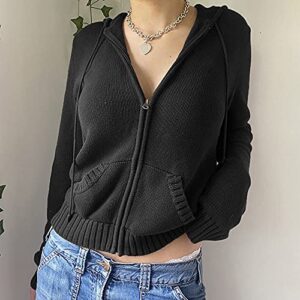 Women's Zip Up Hoodie Sweaters Y2K Long Sleeve Vintage Zipper Hooded Knit Crop Drawstring Sweatshirt Jacket (Black, M)