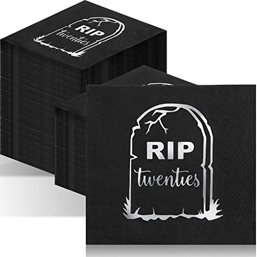 100 Pcs Death to My 20s Decorations Napkins, 30th Birthday Napkins RIP to My 20s Birthday Decorations Black Silver Foil Cocktail Napkins for Women Men 30th Birthday Party Supplies, 2-Ply 5 x 5 Inch