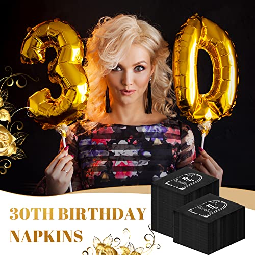 100 Pcs Death to My 20s Decorations Napkins, 30th Birthday Napkins RIP to My 20s Birthday Decorations Black Silver Foil Cocktail Napkins for Women Men 30th Birthday Party Supplies, 2-Ply 5 x 5 Inch