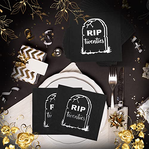 100 Pcs Death to My 20s Decorations Napkins, 30th Birthday Napkins RIP to My 20s Birthday Decorations Black Silver Foil Cocktail Napkins for Women Men 30th Birthday Party Supplies, 2-Ply 5 x 5 Inch