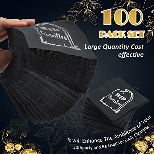 100 Pcs Death to My 20s Decorations Napkins, 30th Birthday Napkins RIP to My 20s Birthday Decorations Black Silver Foil Cocktail Napkins for Women Men 30th Birthday Party Supplies, 2-Ply 5 x 5 Inch