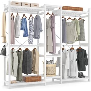 homykic bamboo clothes rack, large closet system clothing rack for hanging clothes, freestanding garment rack with shelves and 5 rods, open wardrobe organizer with 4 hooks, 70”wx77”h, white