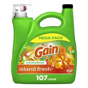 gain + aroma boost laundry detergent liquid soap, island fresh scent, 107 loads, 154 fl oz, he compatible